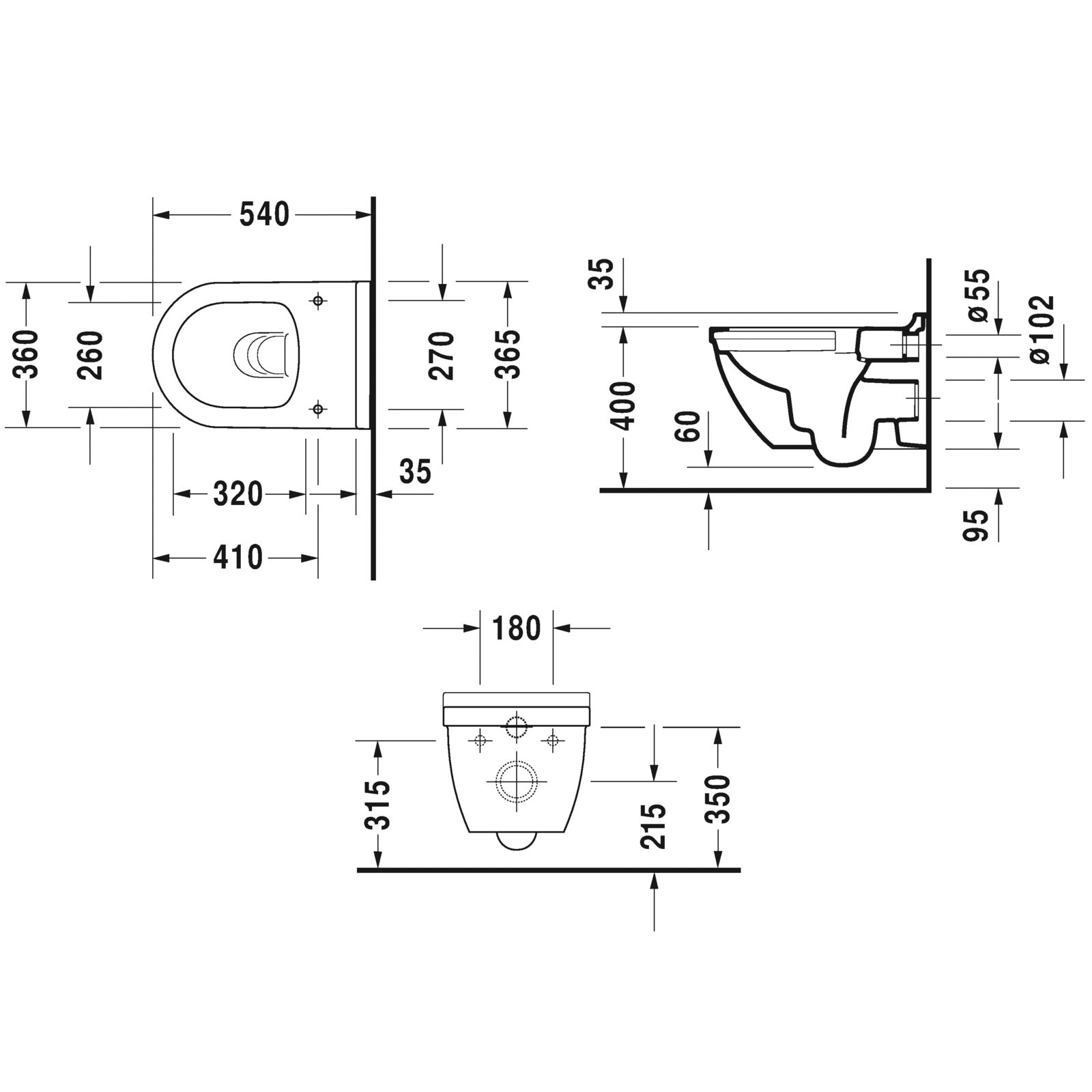 Duravit Starck 3 360 x 540mm Rimless Wall Mounted Toilet