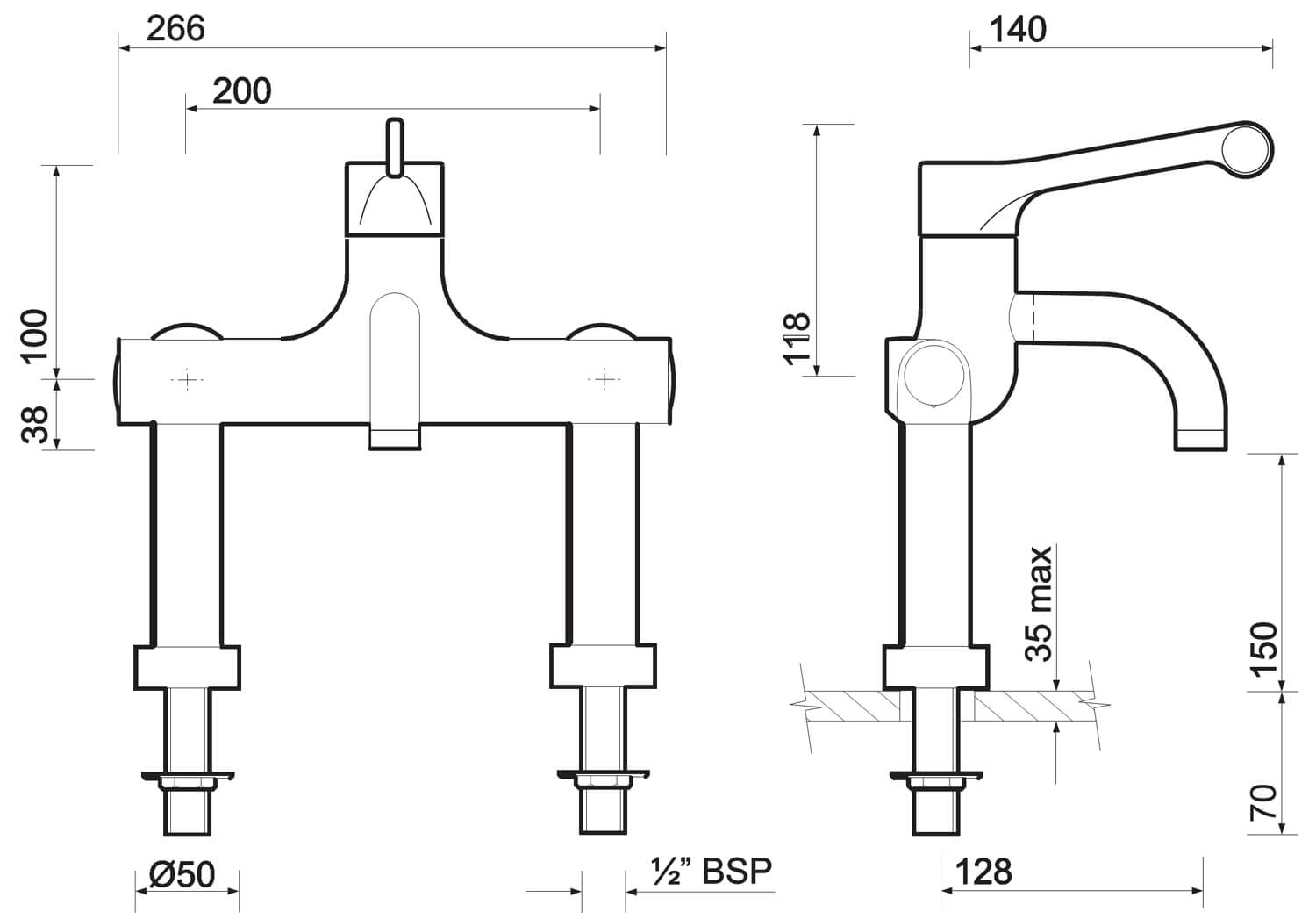 Twyford Sola Chrome Thermostatic Deck Mounted Surgeons Mixer Lever Tap