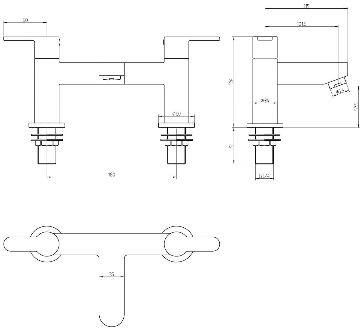 Deva Ethos Deck Mounted 2 Hole Bath Filler Tap