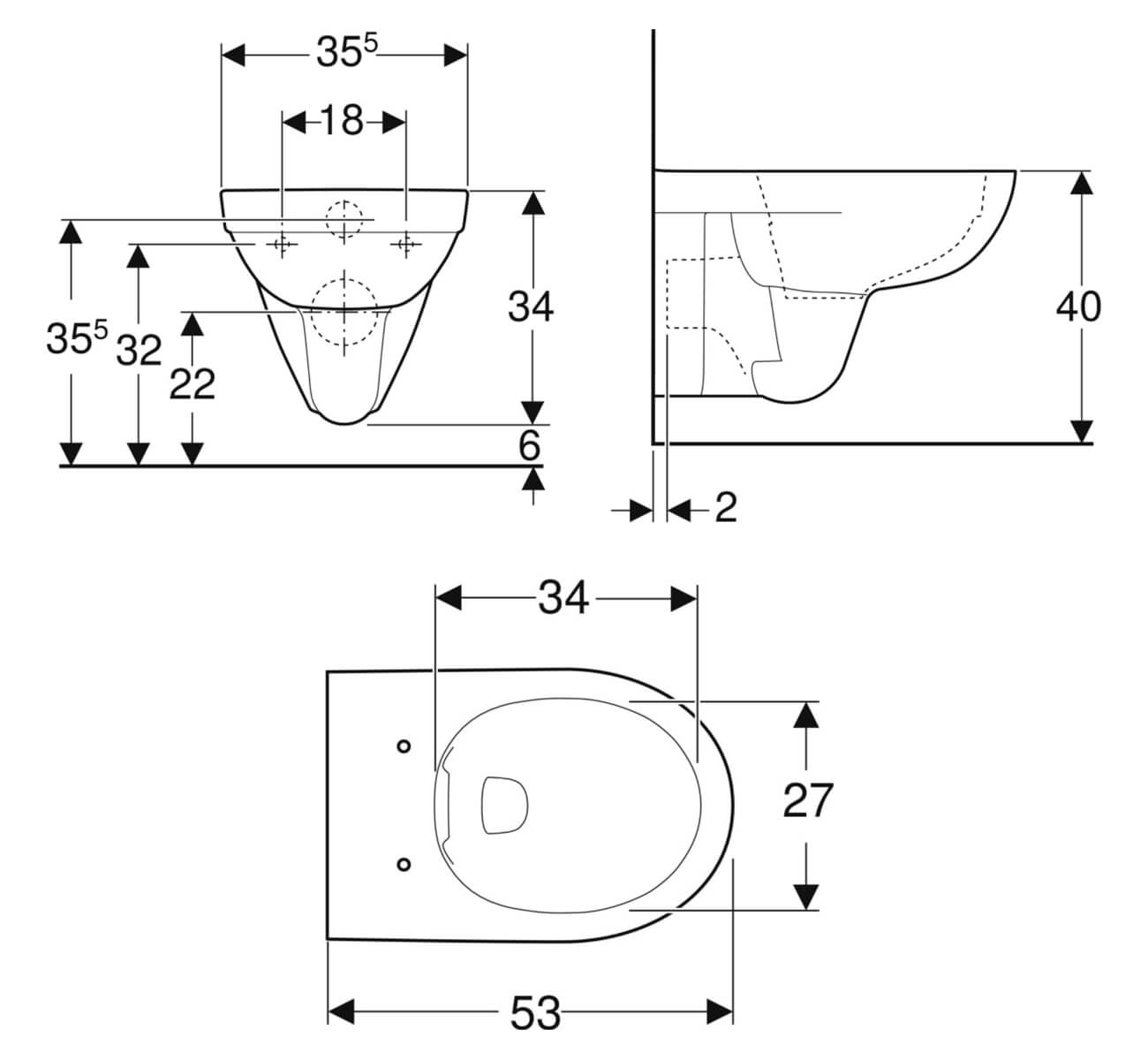 Geberit Selnova 355 x 530mm Wall Hung Round Rimfree WC Pan - 501.045.00.7.