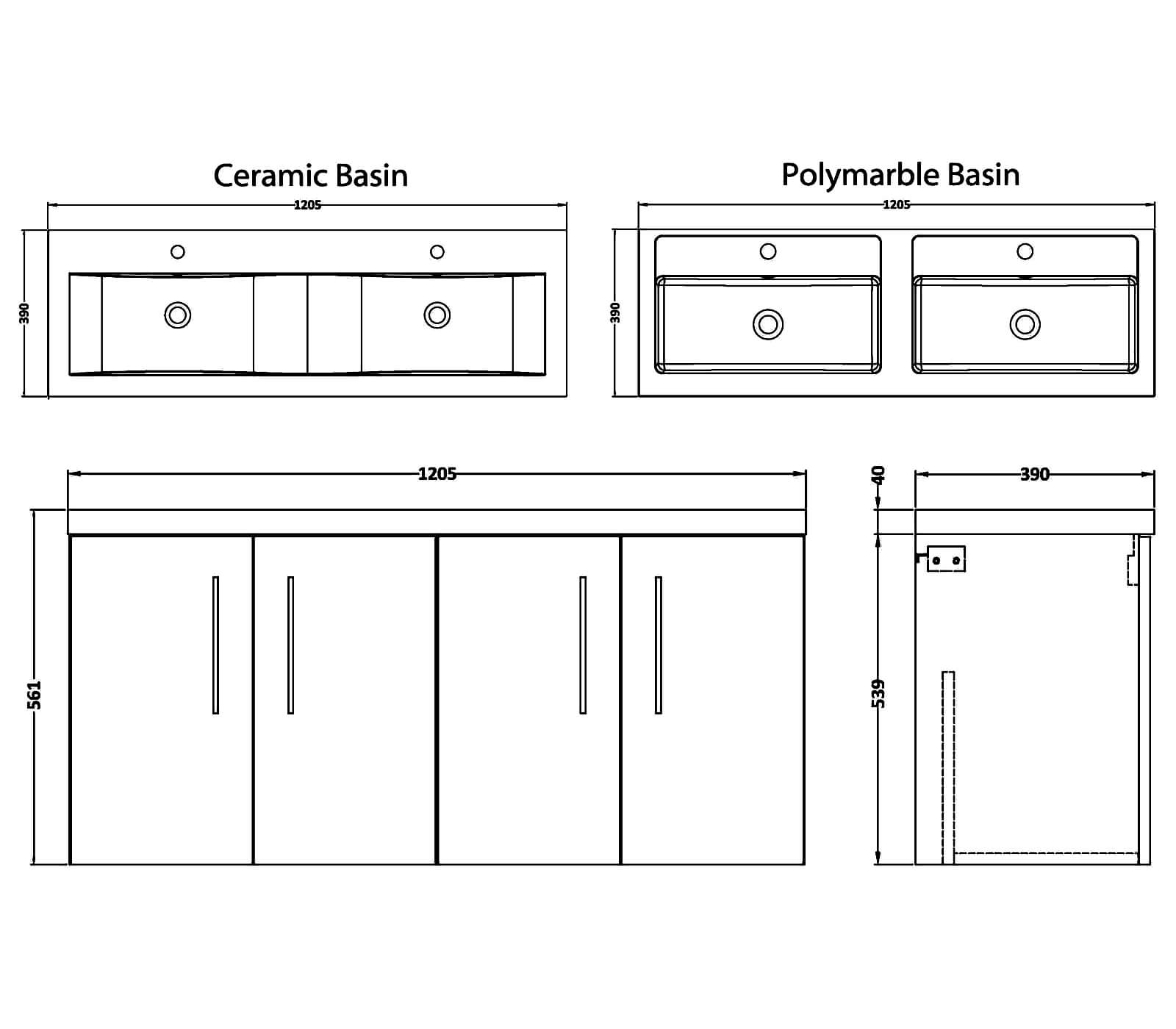 Nuie Arno Four Door Wall-Hung Twin Vanity Unit And Basin 1200 x 390mm ...