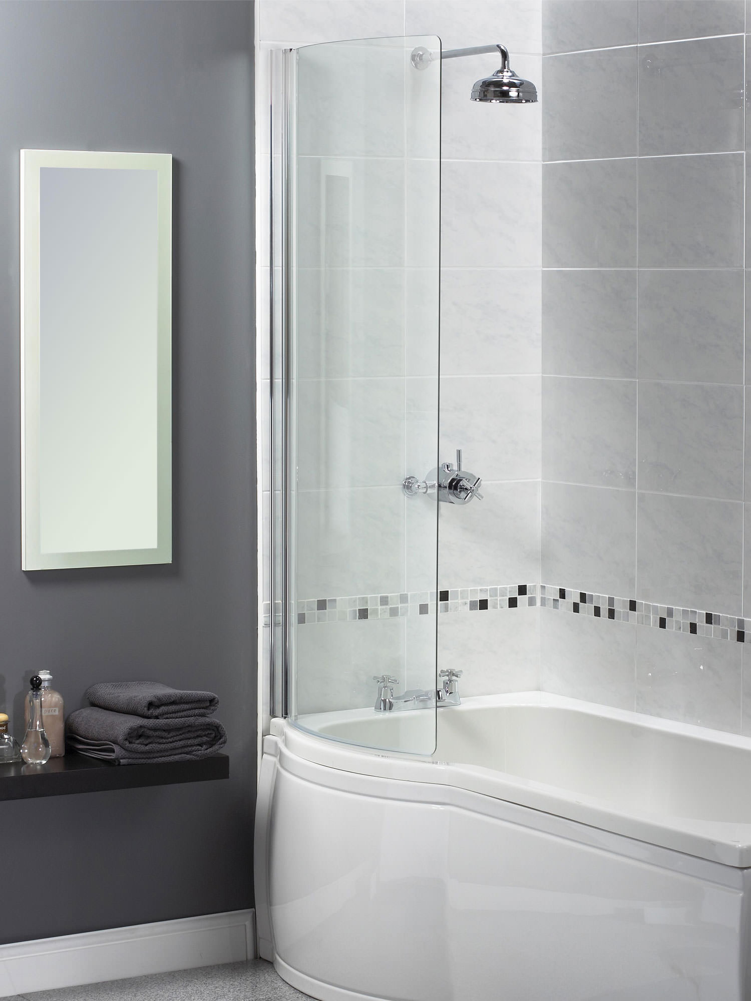 Aqualux Shine Curved Bath Screen 710 x 1500mm Polished Silver